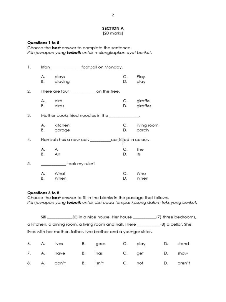 English Tahun 2 Pages 1 | PDF