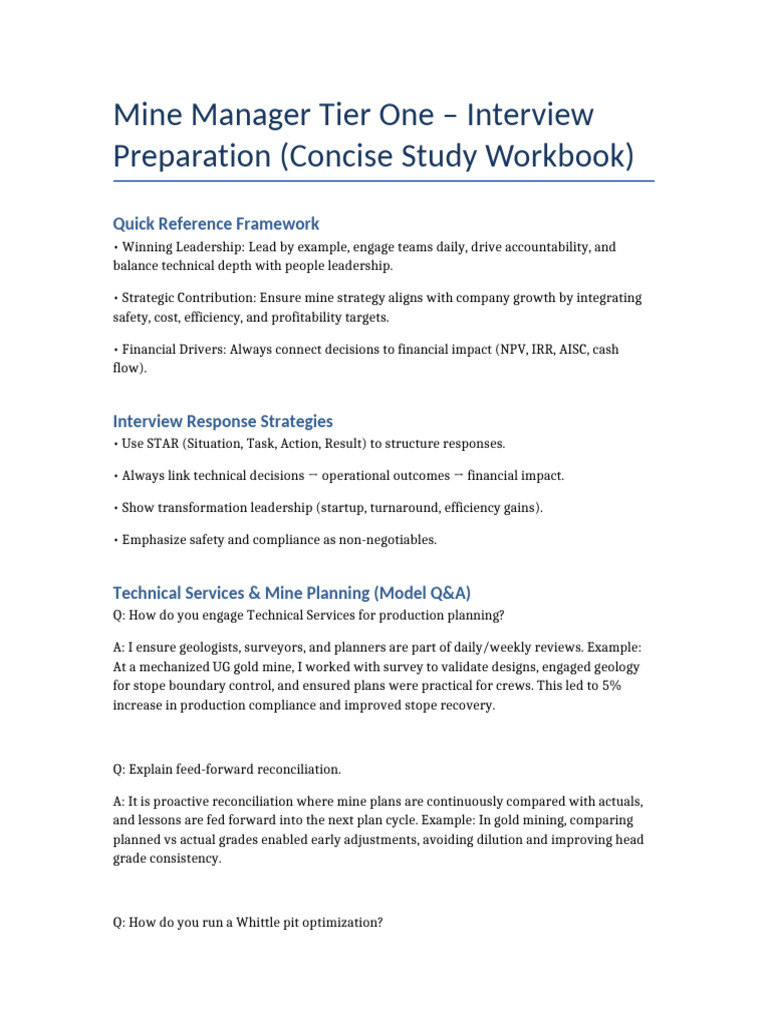 Mine Manager Interview Prep Guide | PDF | Mining | Internal Rate Of Return
