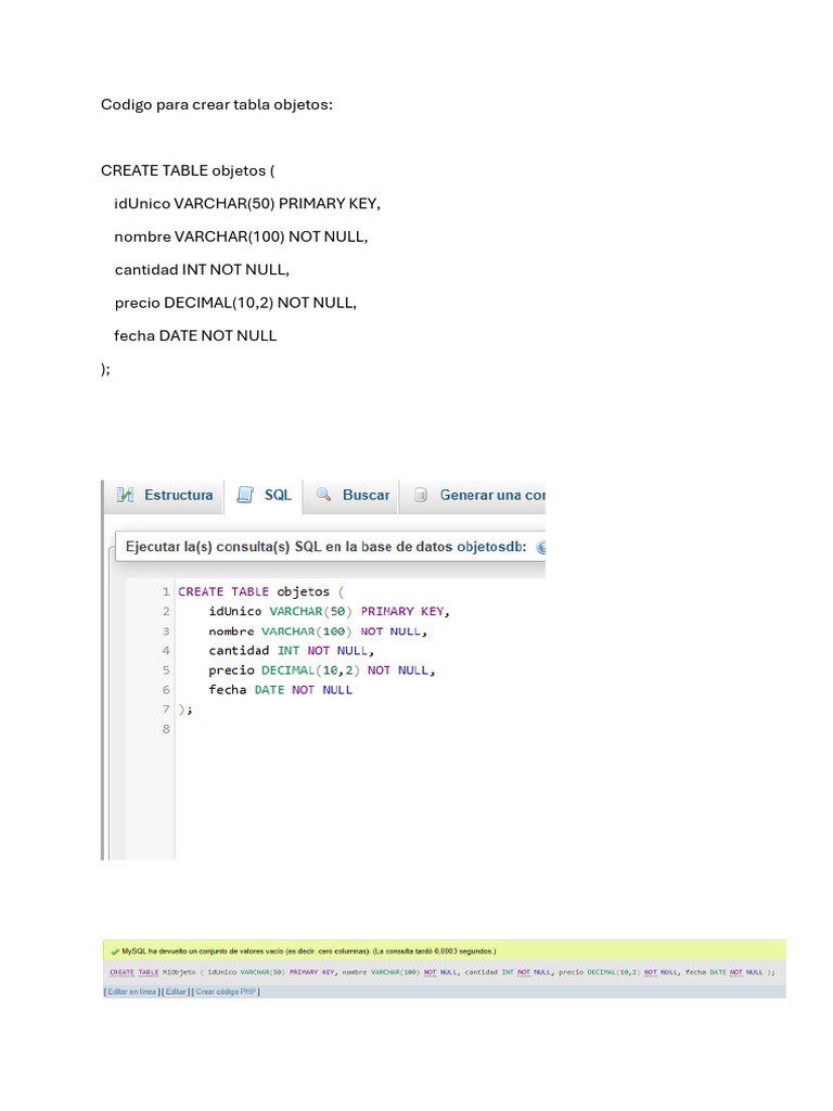 Codigo para Crear Tabla Miobjeto | PDF