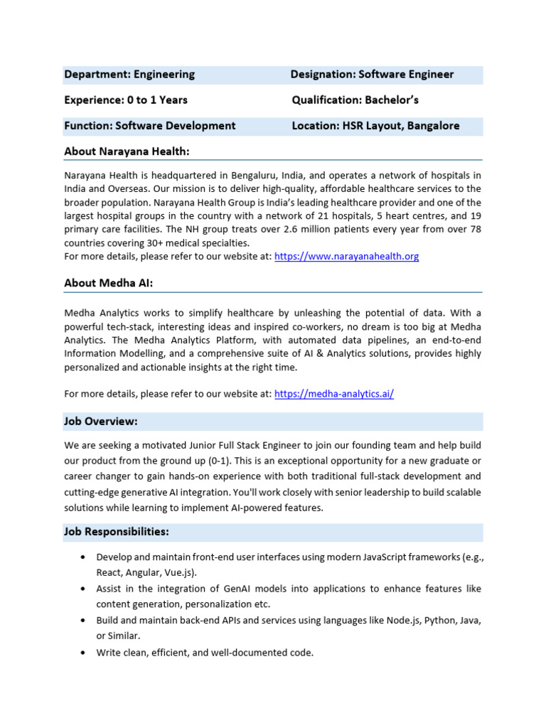 Junior Full Stack Developer JD | PDF | Computing | Software Engineering