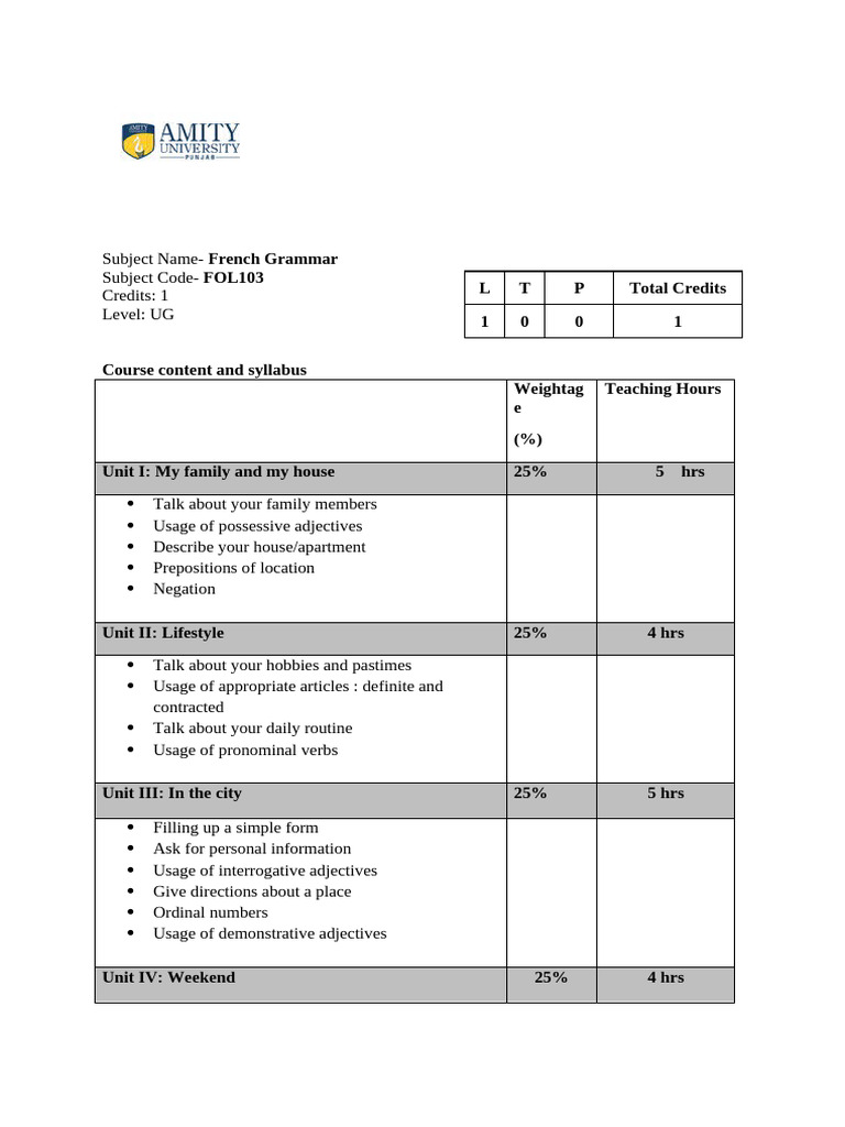 French Grammar Course Syllabus FOL103 | PDF | Pronoun | Linguistic Typology