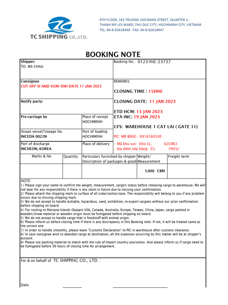 Booking Note: Shipper | PDF | Cargo | Freight Transport