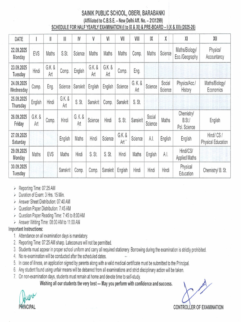Sainik Public School Exam Schedule 2025 | PDF