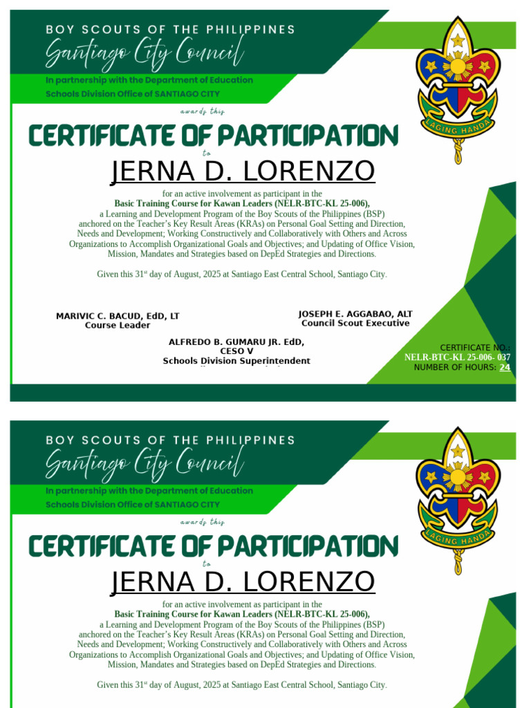 Kawan Leaders Training Certificate | PDF | Scouting | Scouting And Guiding