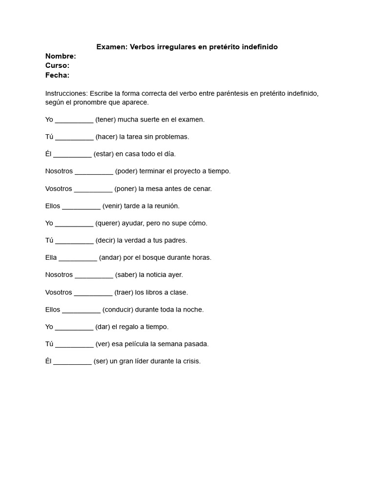 Examen - Verbos Irregulares en Pretérito Indefinido | PDF