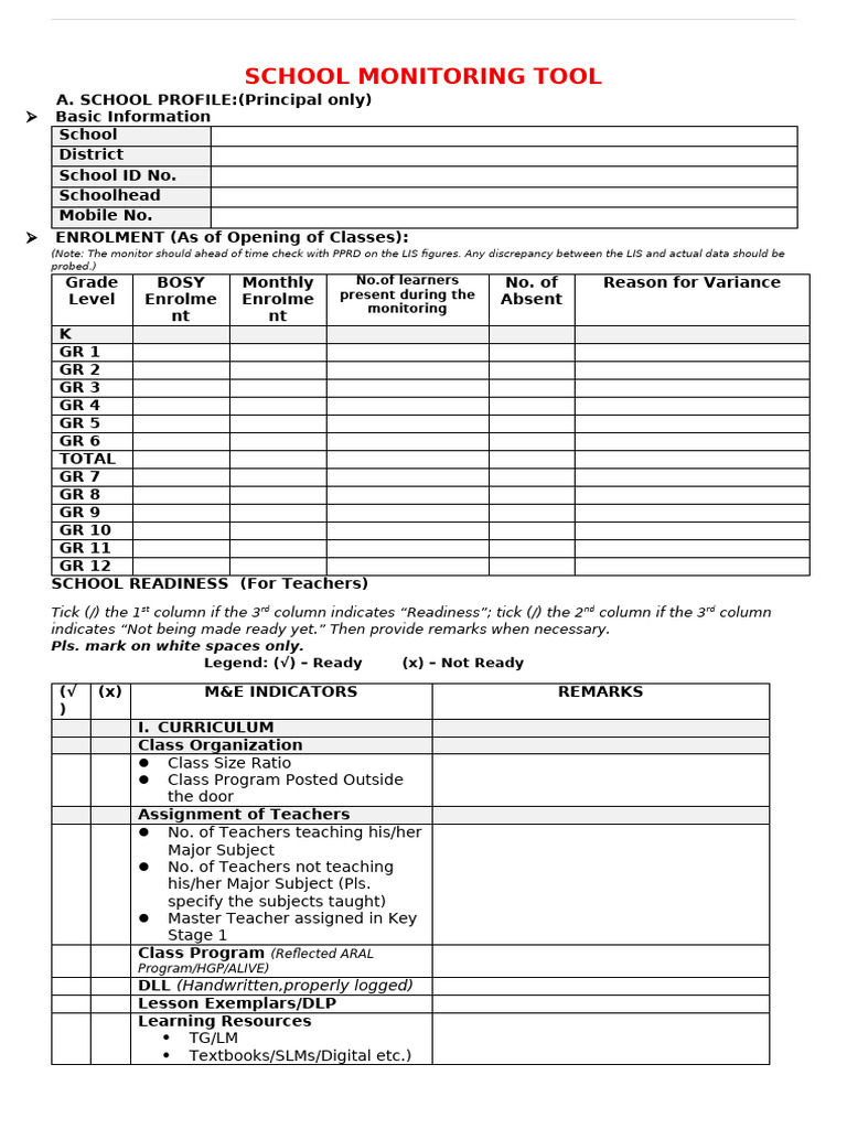 School Monitoring Tool Overview | PDF | Curriculum | Education Theory