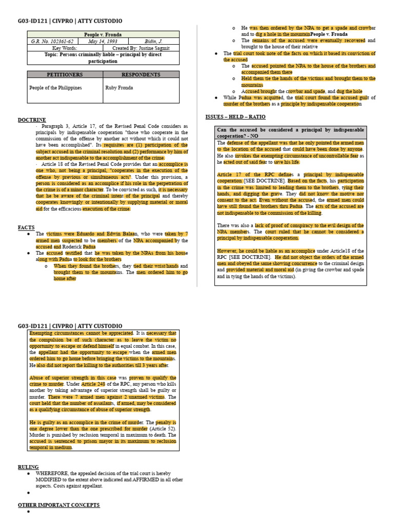People v. Fronda - Digest - SagmitG03 | PDF | Aiding And Abetting | Crimes