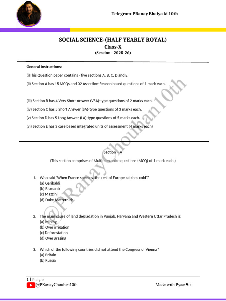 Class 10 Social Science Half-Yearly Exam | PDF