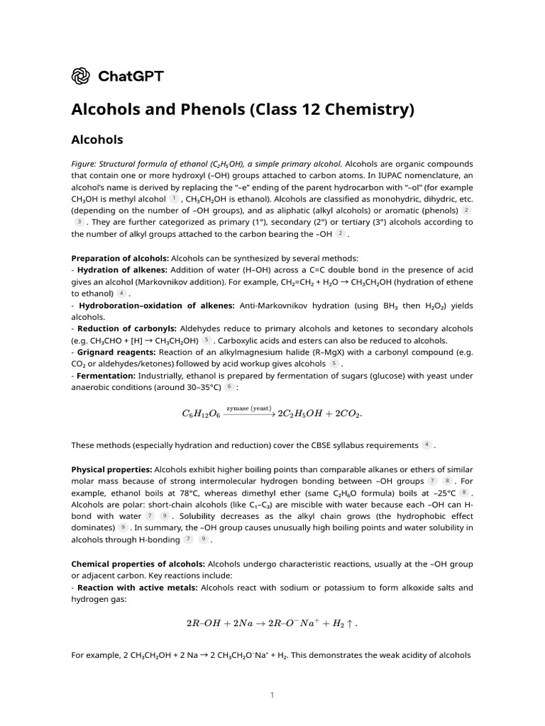 Alcohols and Phenols (Class 12 Chemistry) | PDF | Ester | Alkene