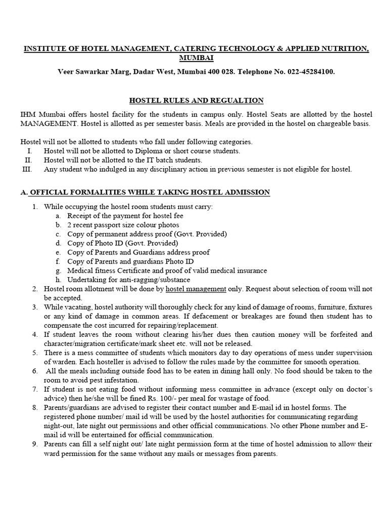 Hostel Rules for IHM Mumbai Students | PDF