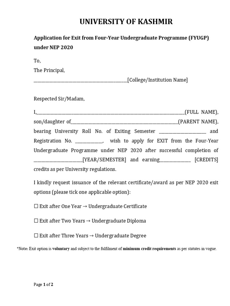 Exit Application for FYUGP at Kashmir University | PDF