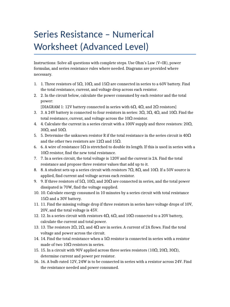 Series Resistance Tough Numerical Worksheet | PDF | Series And Parallel ...
