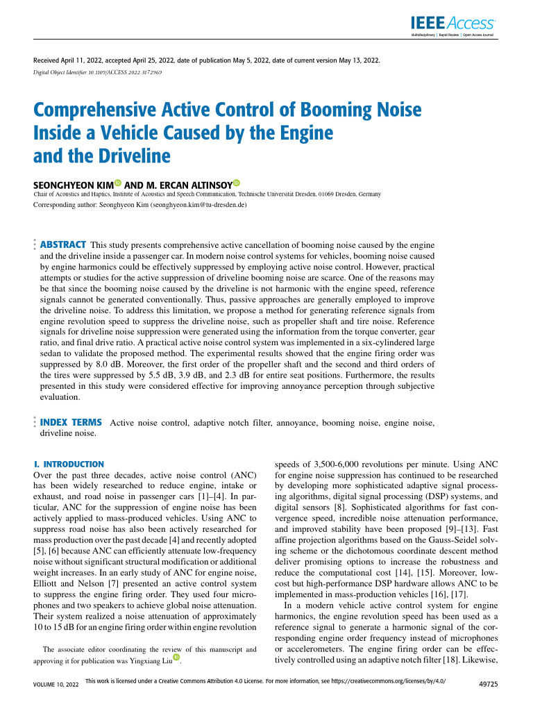 Comprehensive Active Control of Booming Noise Inside A Vehicle Caused ...