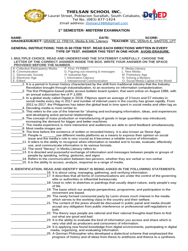 Grade 12 Media Literacy Midterm Exam | PDF | Communication | Information
