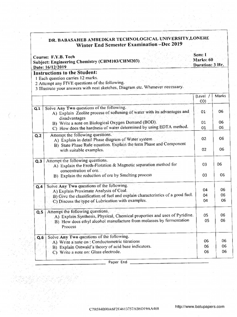 Btech 1 Year Engineering Chemistry Chm103 CHM 203 Dec 2019 | PDF