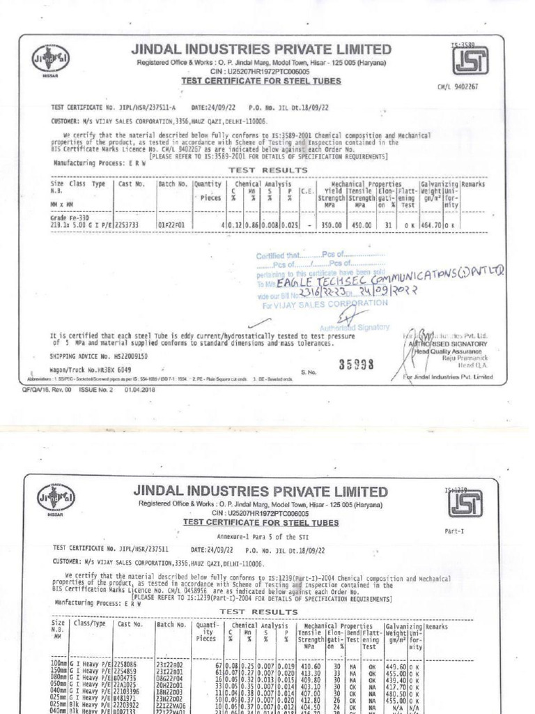 Ms and Gi Pipes Test Certificates | PDF
