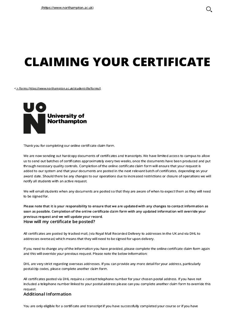 Claiming Your Certificate - University of Northampton | PDF | Mail | Service Industries