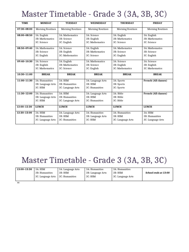 Master Timetable Grade3 3A-3C ALL | PDF