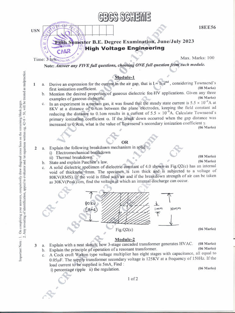VTU Question Paper of 18EE56 High Voltage Engineering June-July-2023 | PDF