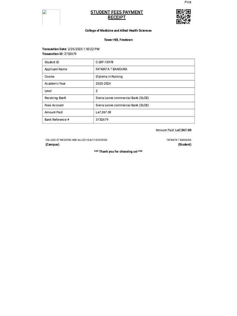 Student Fees Receipt for Nursing Diploma | PDF