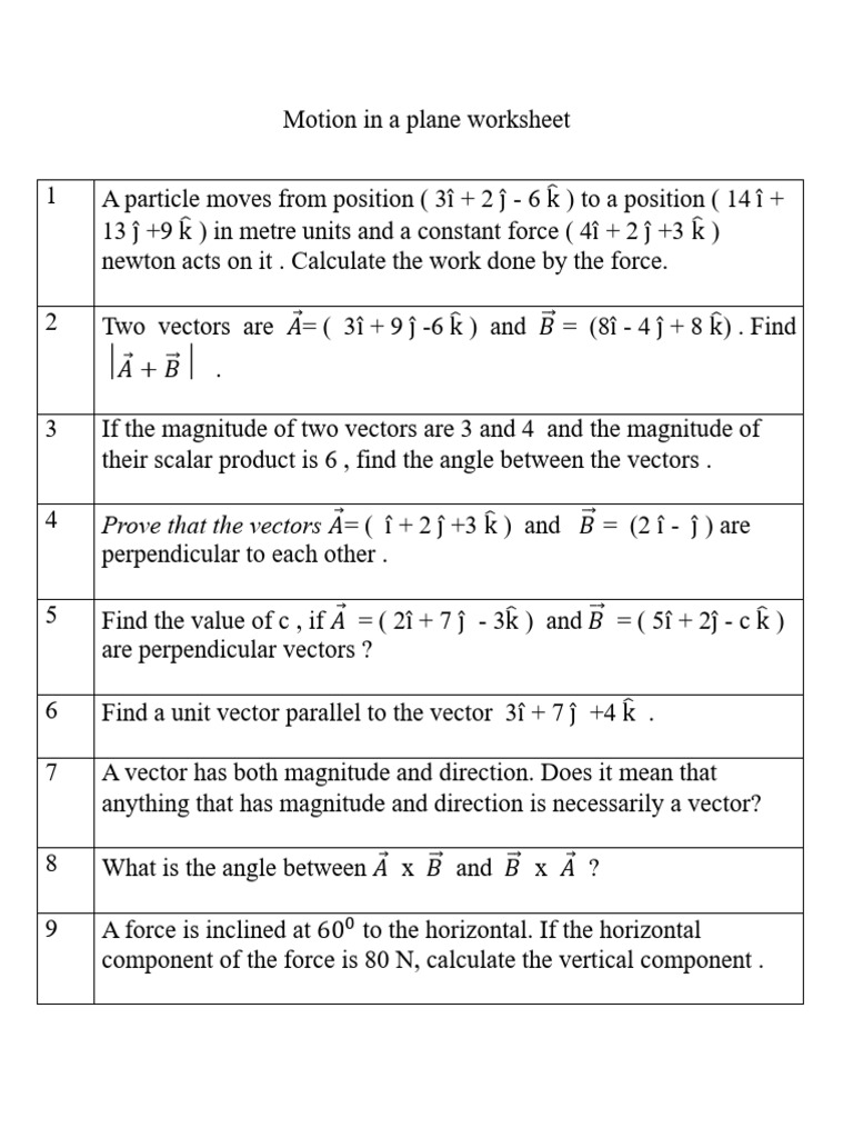 2024 Motion in A Plane Worksheet | PDF | Euclidean Vector | Force