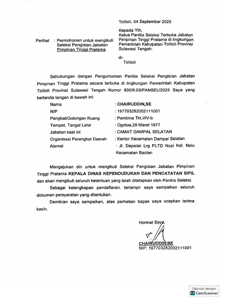 Surat Lamaran Kadis Capil | PDF