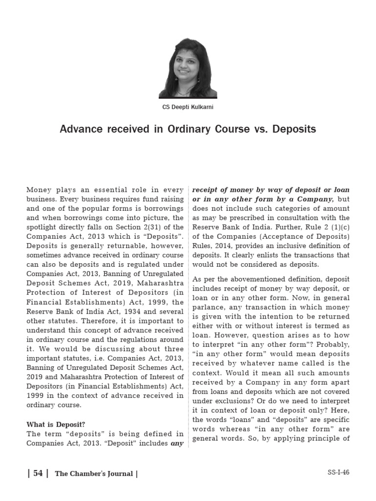 Advance Received in Ordinary Course vs. Deposits | PDF | Deposit ...
