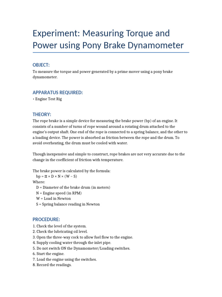 Pony Brake Dynamometer Experiment | PDF | Mechanical Engineering | Vehicle Technology