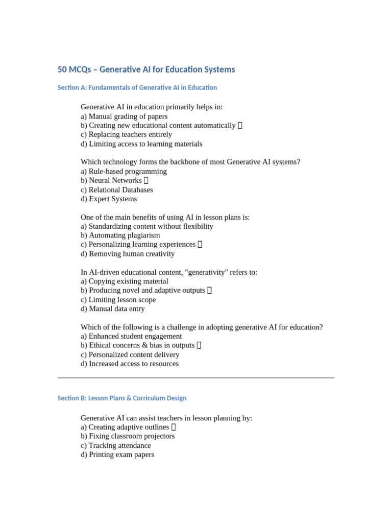 Generative AI in Education: 50 MCQs | PDF | Artificial Intelligence ...