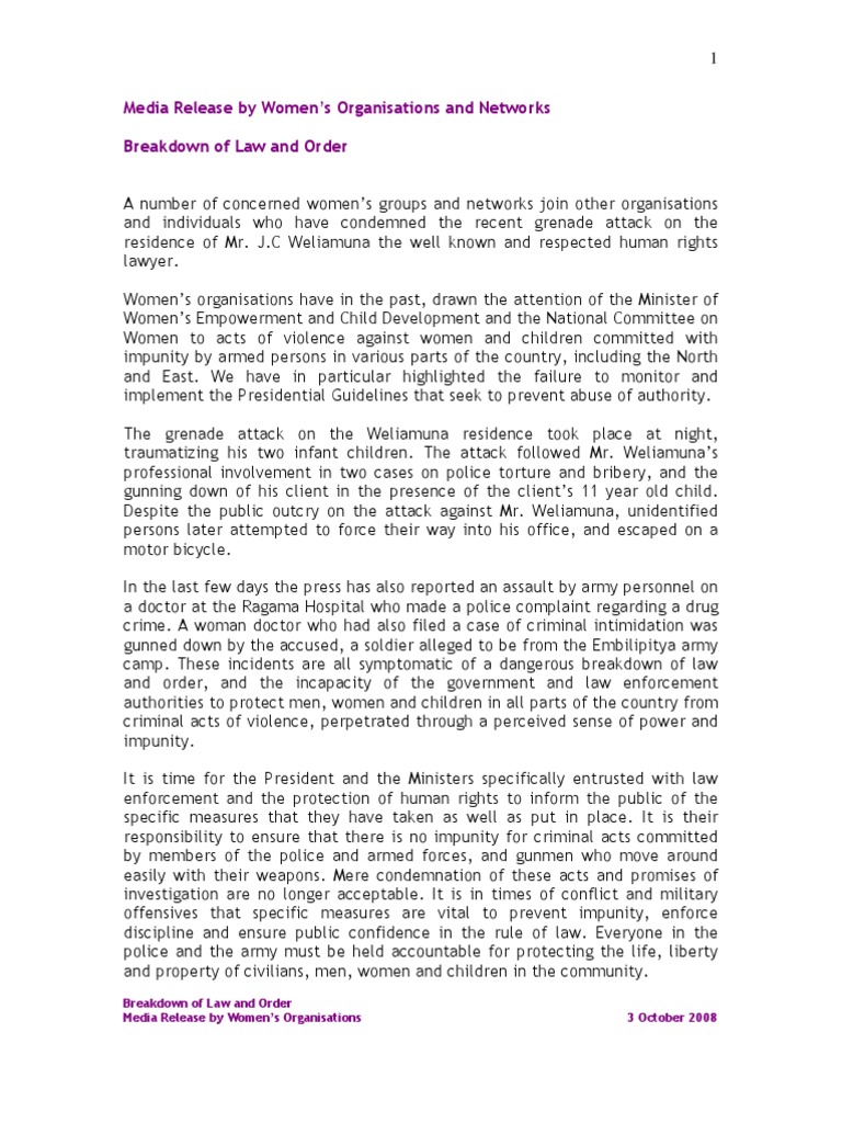 (Oct 2008) Media Statement Women Condemn The Attack On The Residence of ...
