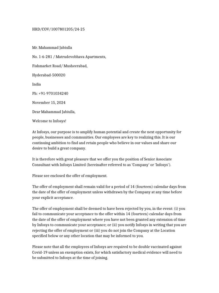 Infosys Offer Letter Template | PDF