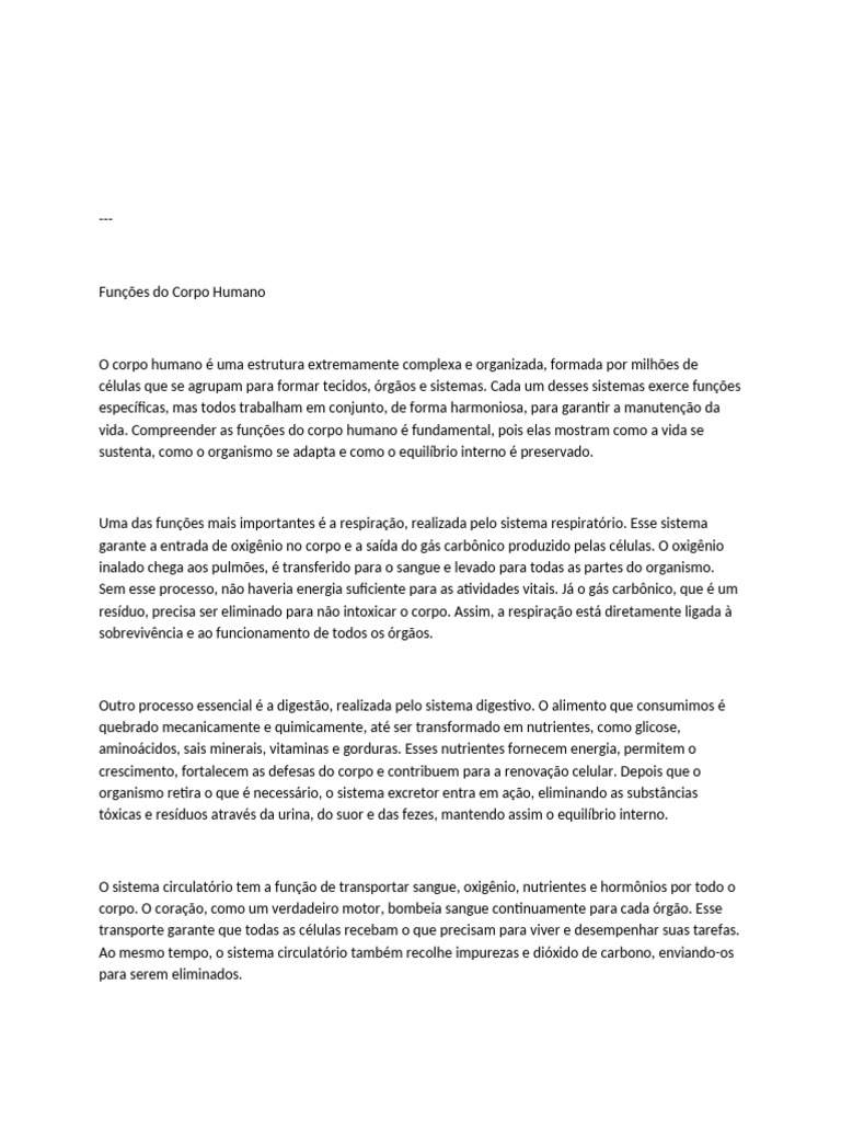 Funções Essenciais do Corpo Humano | PDF | Corpo humano | Sangue