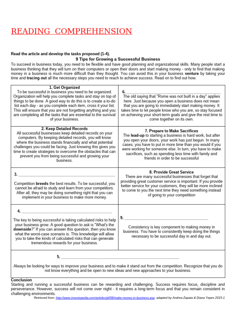 Business Reading Comprehension Activities Reading Comprehension ...