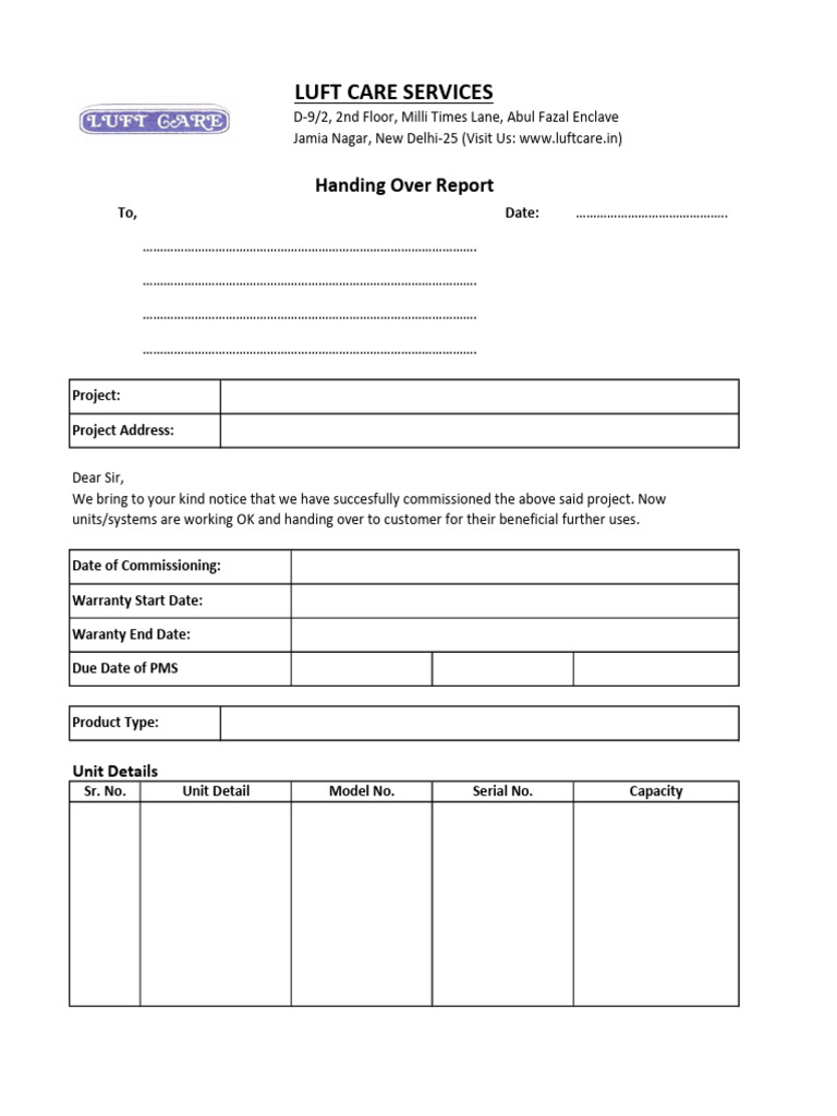 Handing Over Format | PDF