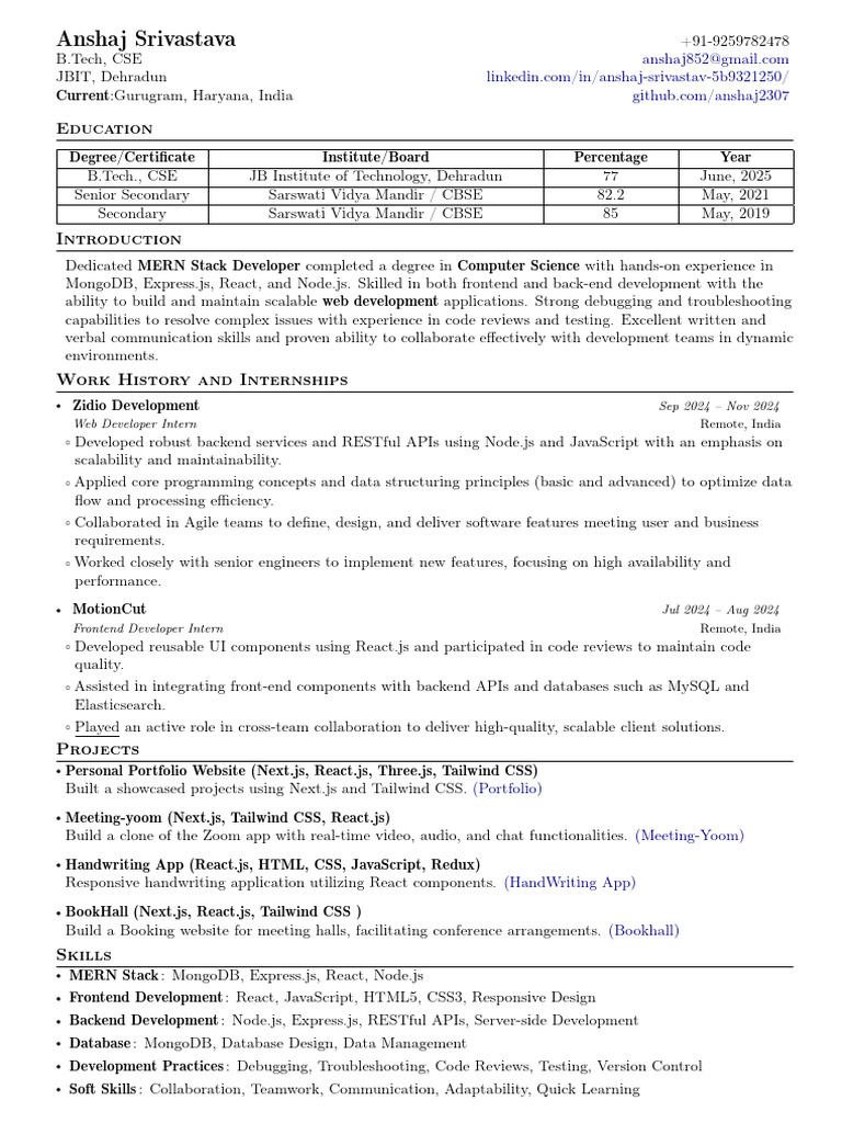 MERN Stack Anshaj Resume-1 | PDF | Computing | Computer Engineering