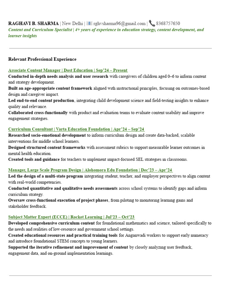 Raghavi B Sharma - Resume | PDF | Curriculum | Psychology