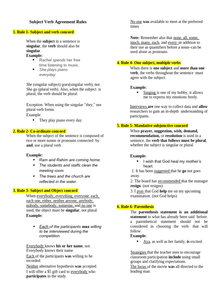 Subject Verb Agreement Rules | PDF | Grammatical Number | Plural