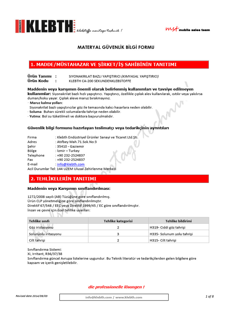 Tekmar Klebth CA-200 Msds TR 2 | PDF