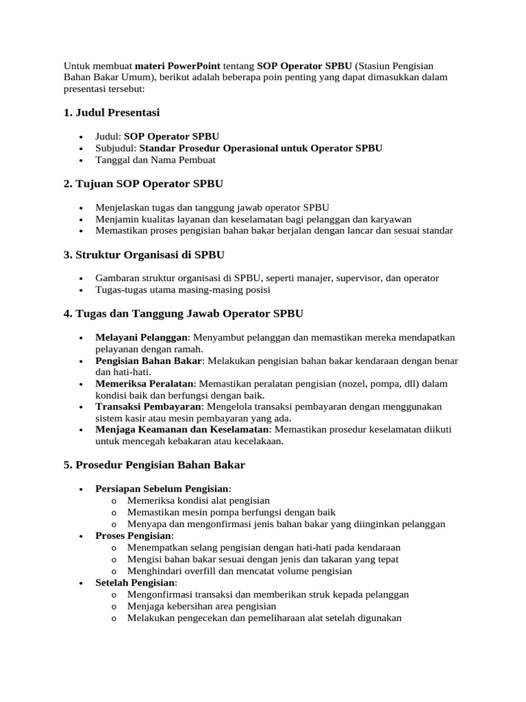 Tahapan Materi SOP Operator SPBU | PDF