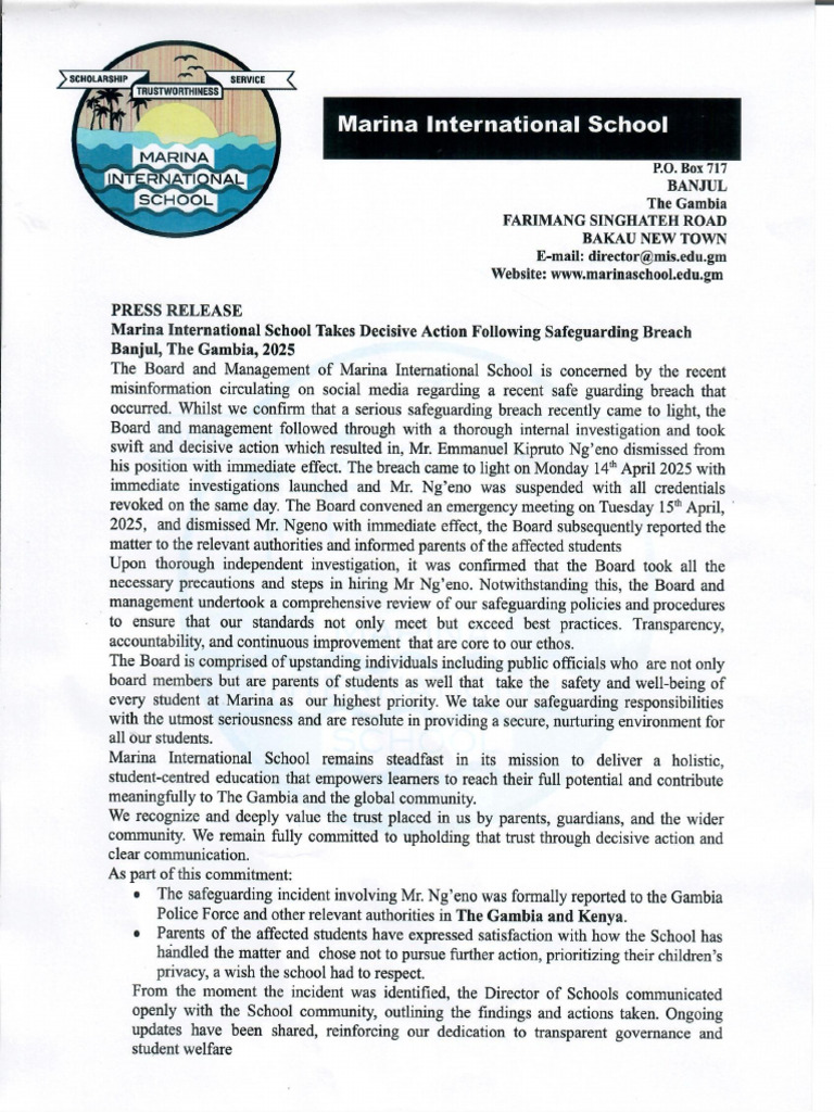 Marina Int. School Press Release | PDF