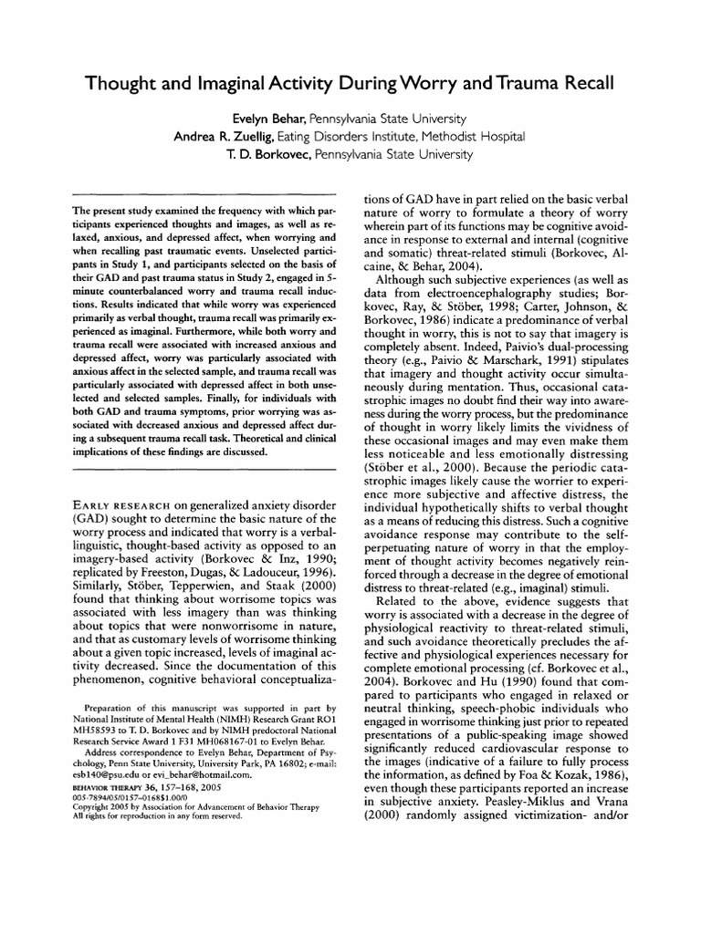 Thought and Imaginal Activity DuringWorry and Trauma Recall | PDF ...