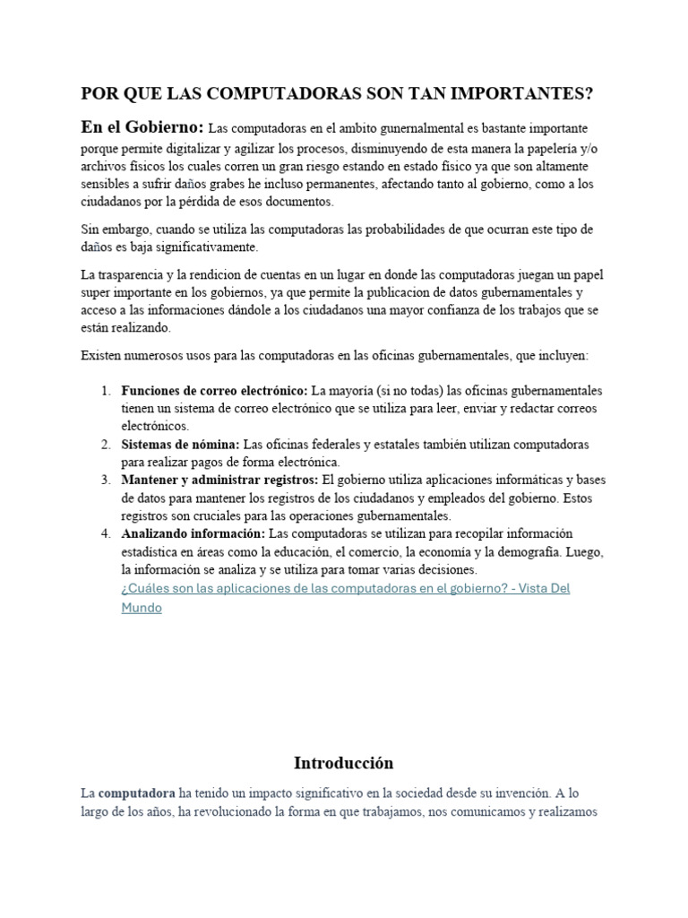 Importancia de las Computadoras en Gobierno y Salud | PDF | Informática ...