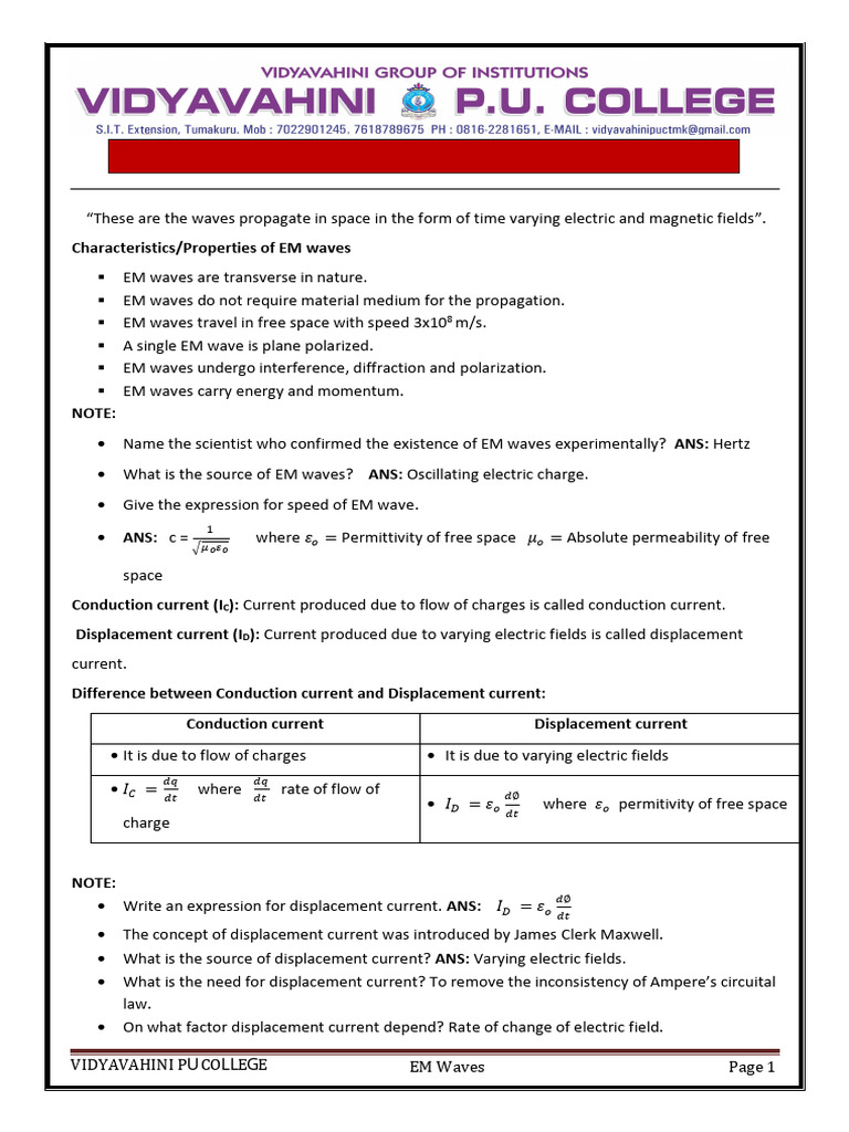 EM Waves Full Notes 2024-25 | PDF | Electromagnetic Radiation ...