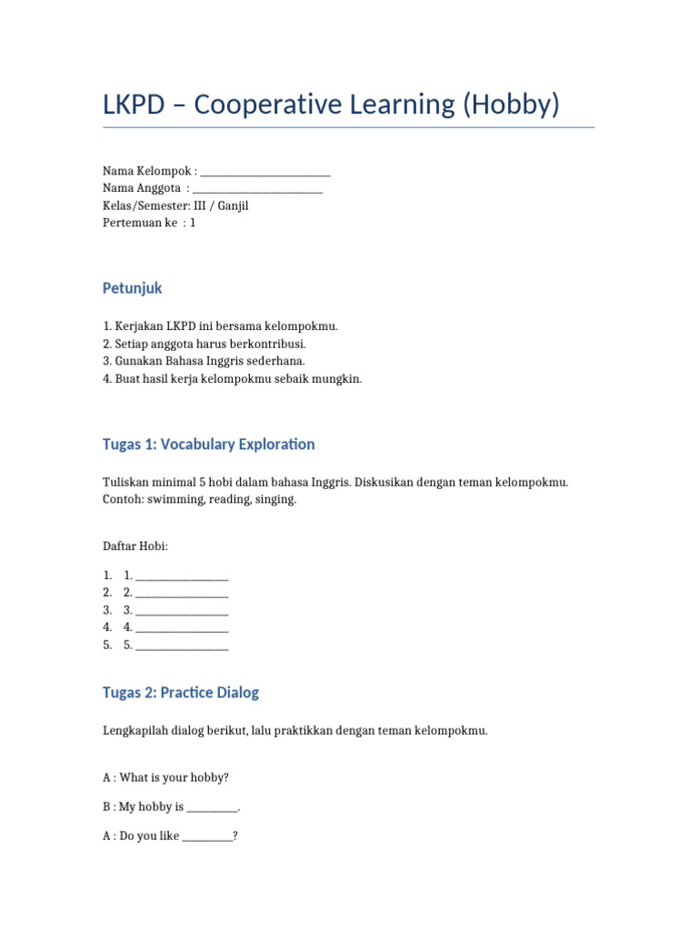 LKPD Cooperative Learning Hobby | PDF