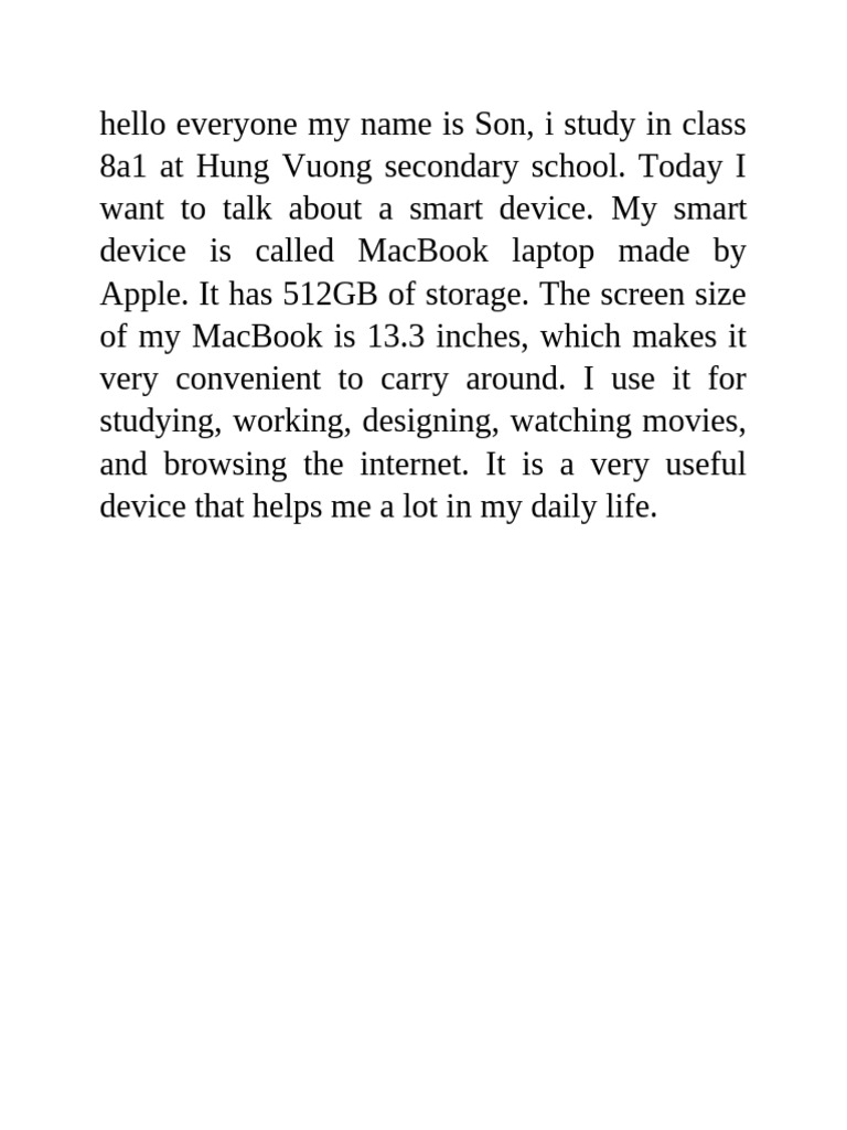 Hello Everyone My Name Is Son I Study in Class 8a1 at Hung Vuong ...