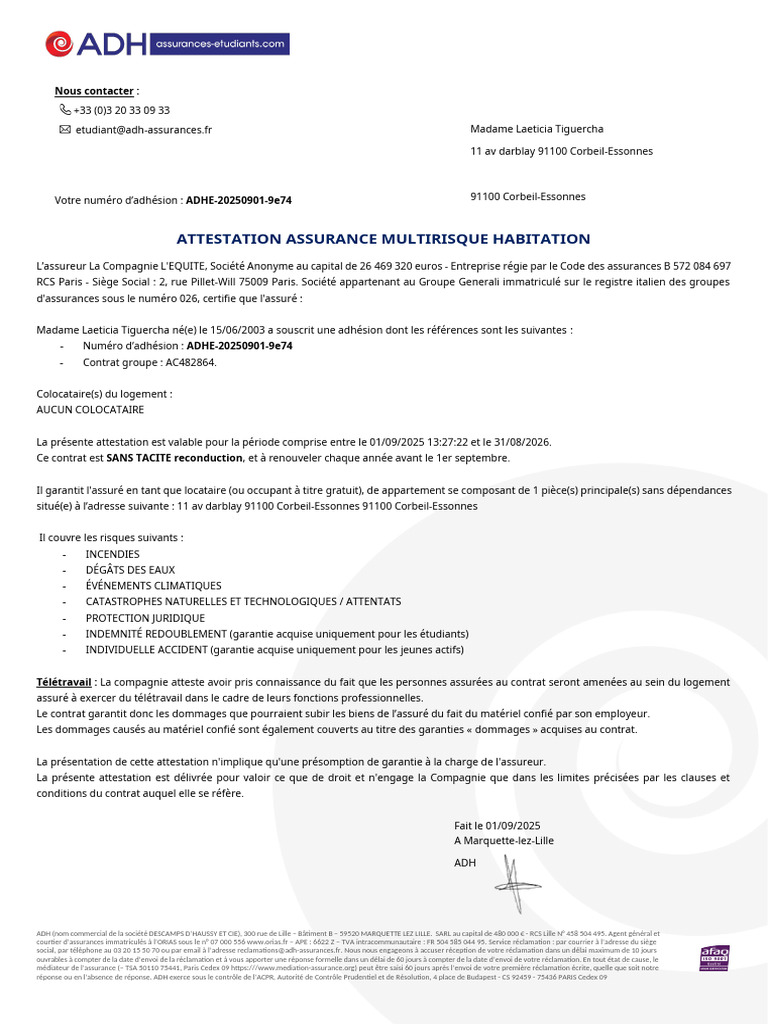 Attestation d'assurance habitation ADH | PDF | Assurance | Courtier