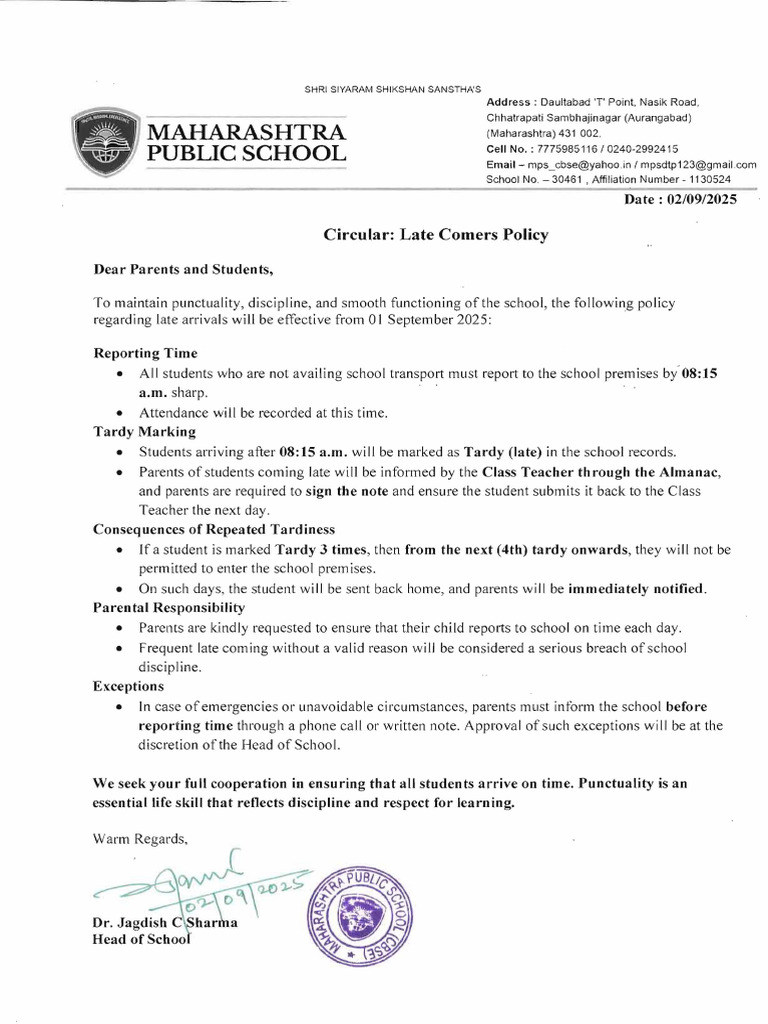 Late Comers Policy Announcement | PDF