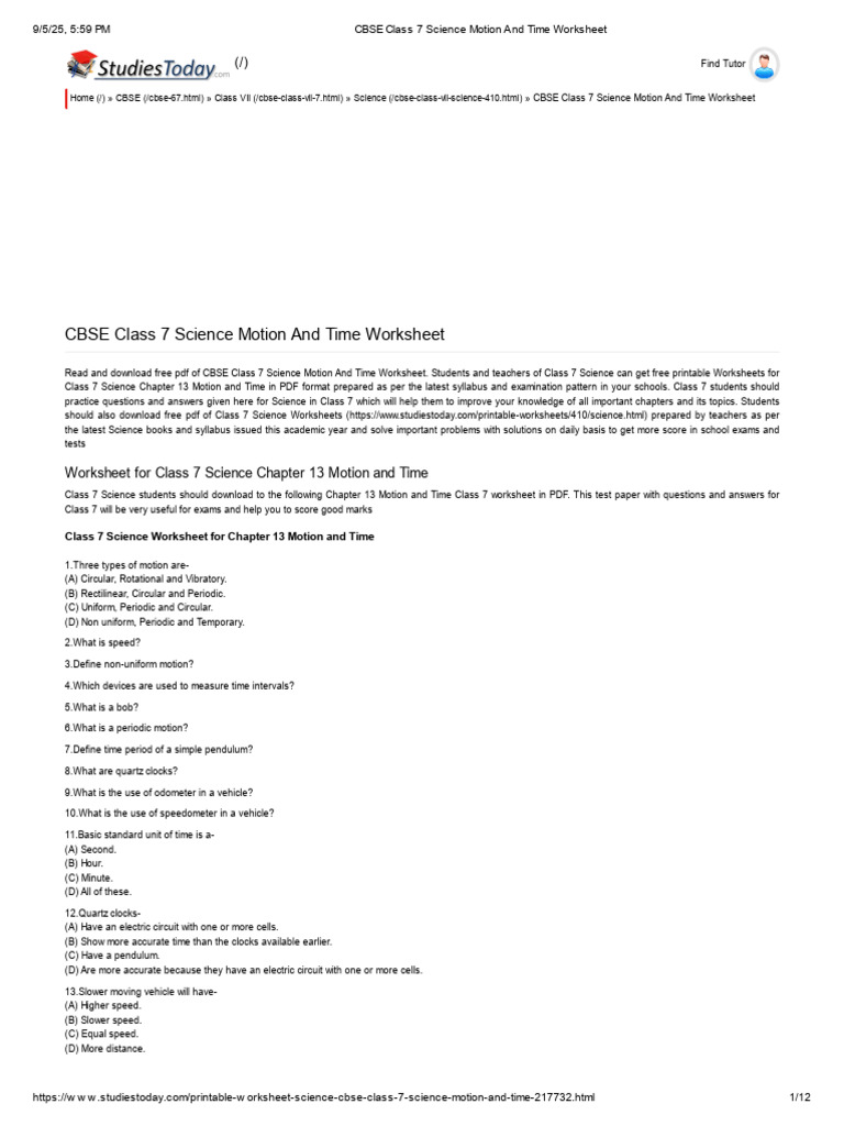 CBSE Class 7 Science Motion and Time Worksheet | PDF | Speed | Pendulum