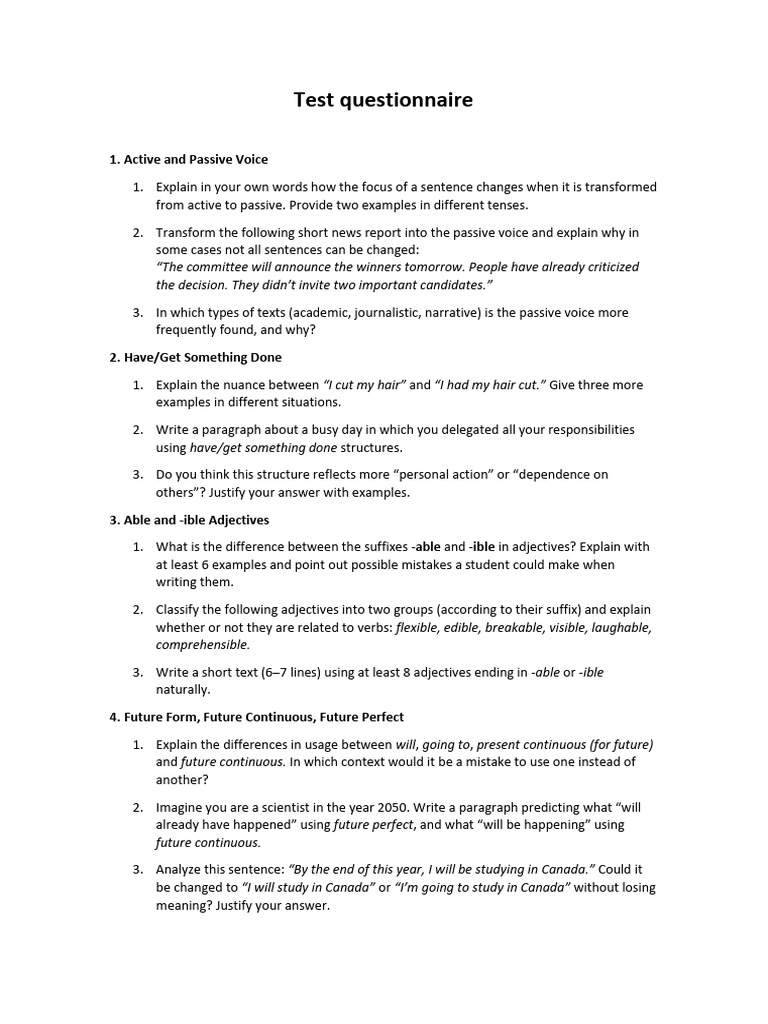 Test Questionnaire | PDF | Verb | Grammar