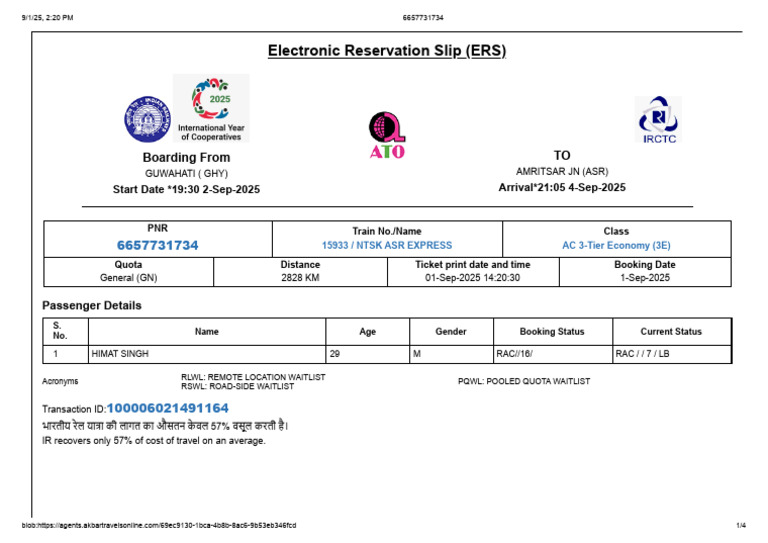 Electronic Reservation Slip (ERS) : Boarding From TO | PDF